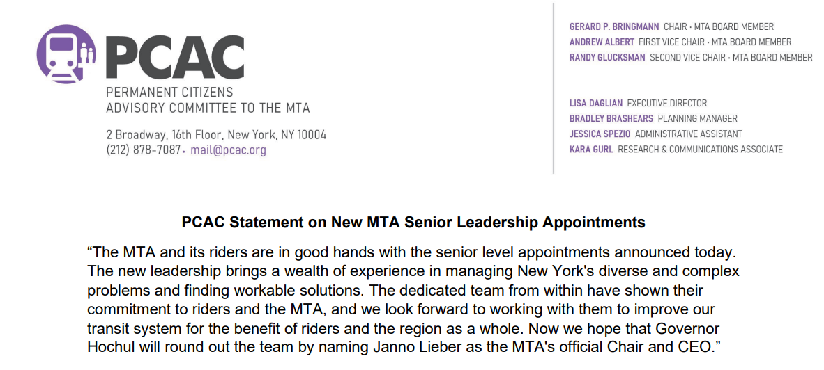 PCAC Statement – October 19, 2021 – MTA Senior Leadership Appointments ...
