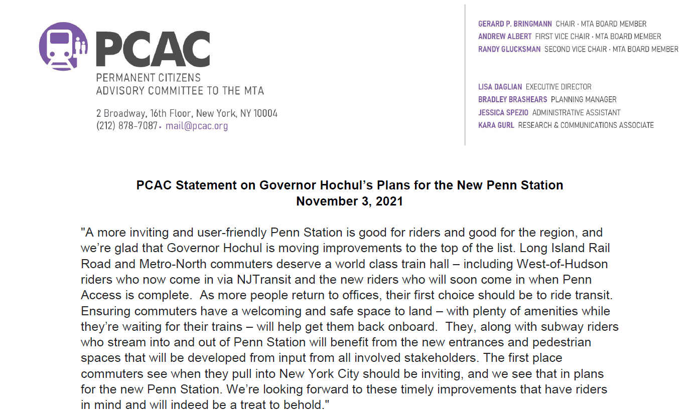 PCAC Statement - November 3, 2021 - Plans for the New Penn Station - PCAC