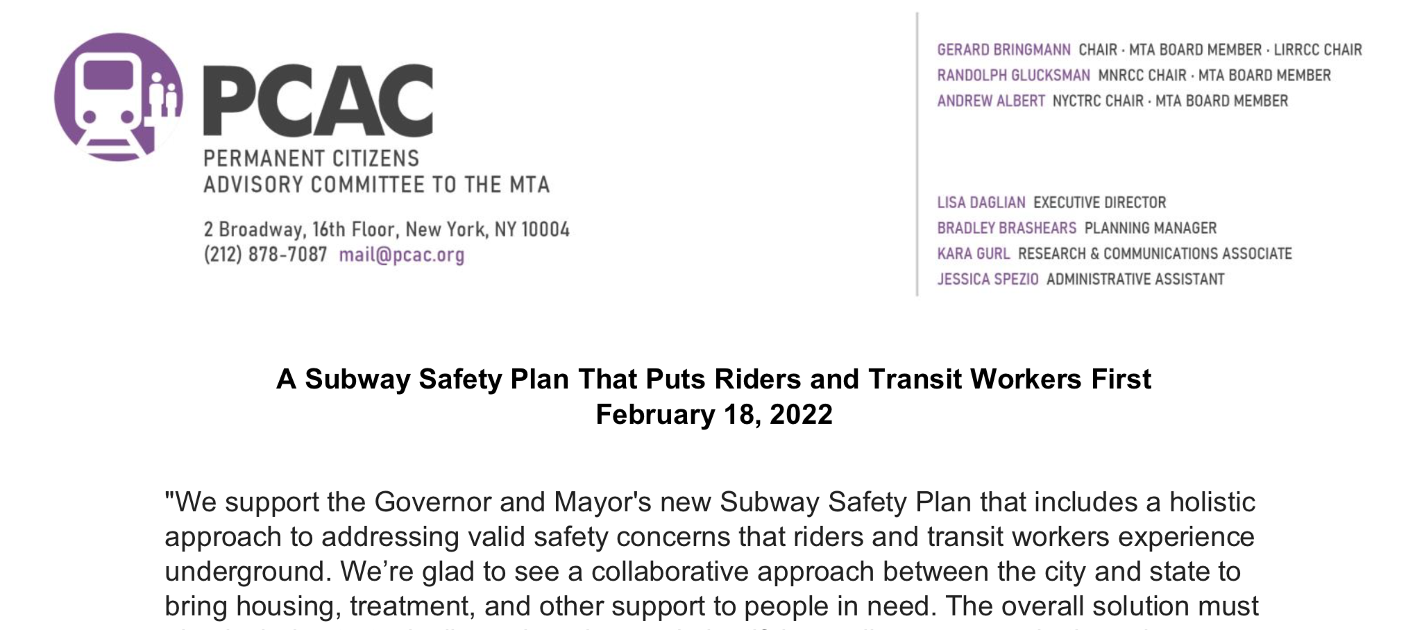 A Subway Safety Plan That Puts Riders and Transit Workers First - PCAC