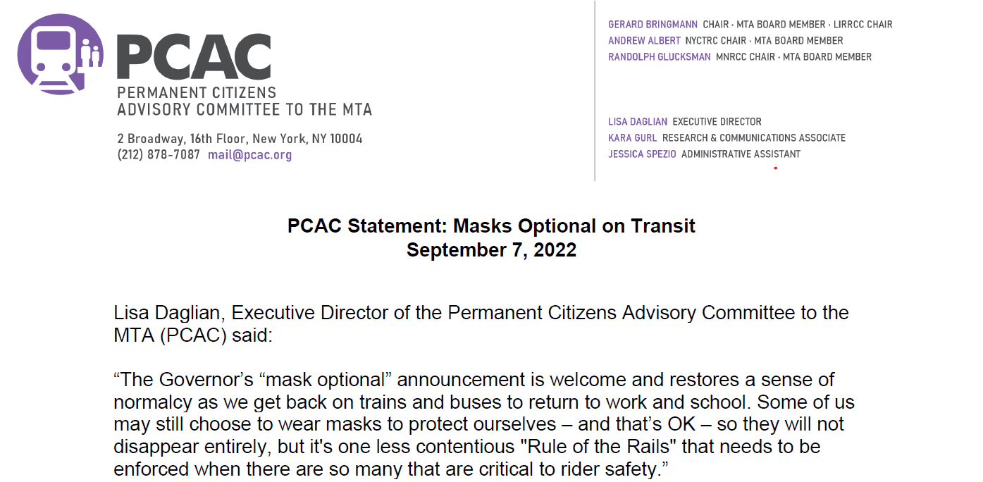 PCAC Statement: Masks Optional on Transit - PCAC