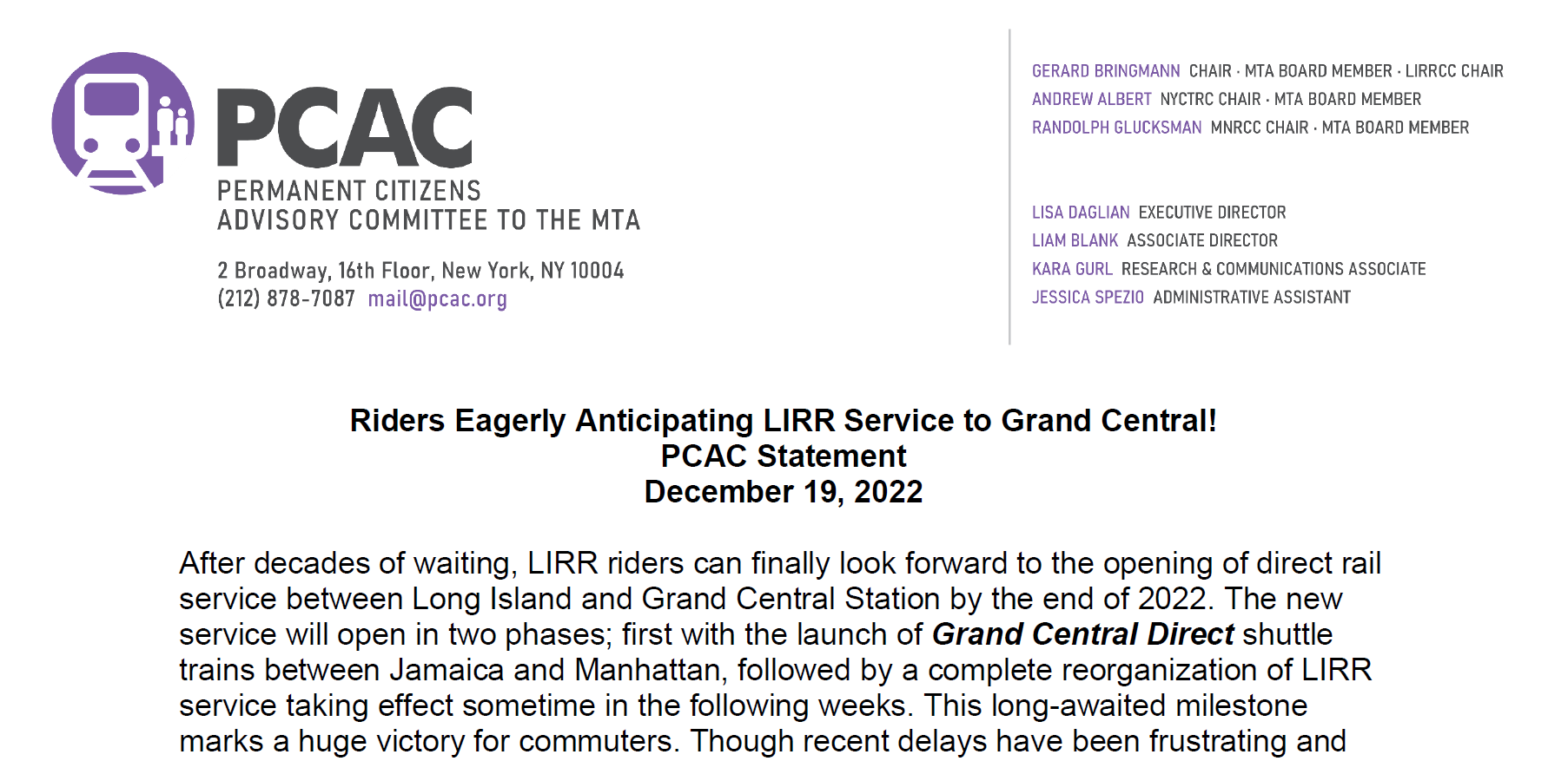Riders Eagerly Anticipating LIRR Service to Grand Central! - PCAC