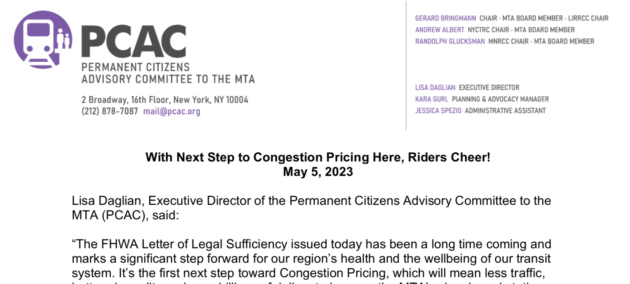 With Next Step to Congestion Pricing Here, Riders Cheer! - PCAC