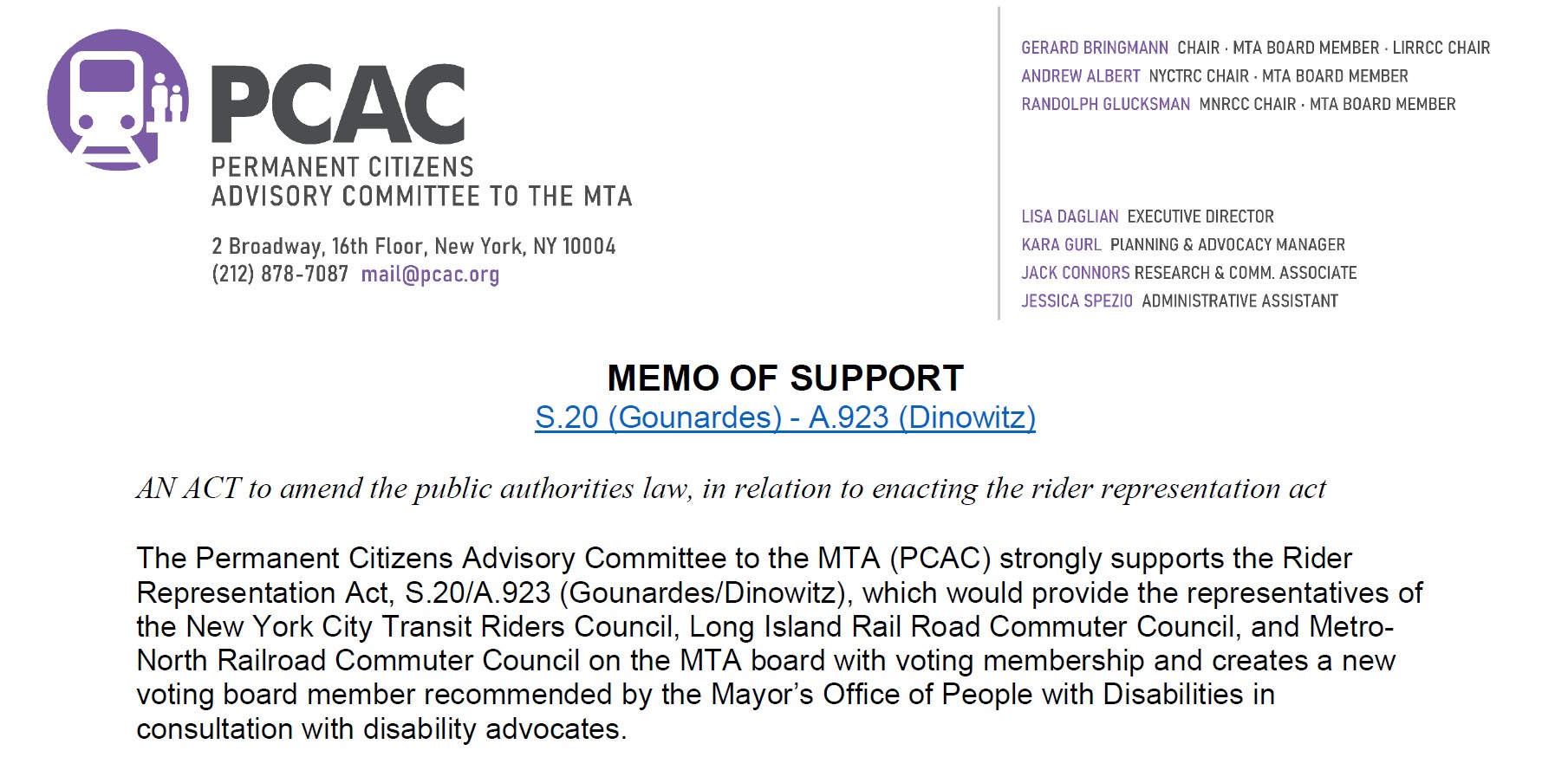 Memo of Support for the Rider Representation Act: S20-A923 - PCAC