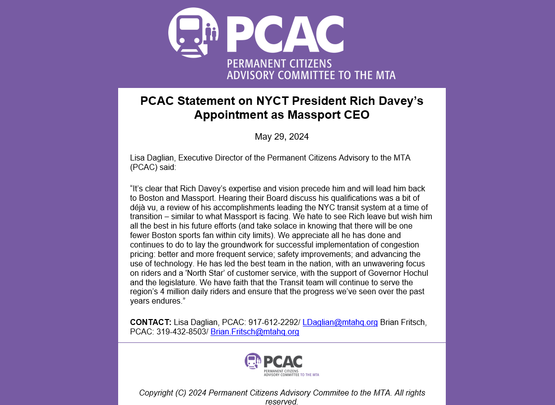 PCAC Statement on NYCT President Rich Davey’s Appointment as Massport ...