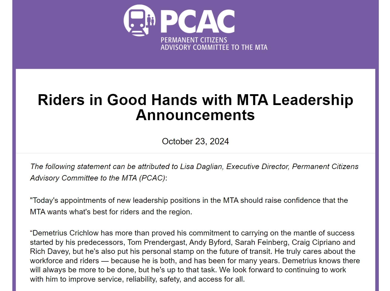 Riders in Good Hands with MTA Leadership Announcements - PCAC